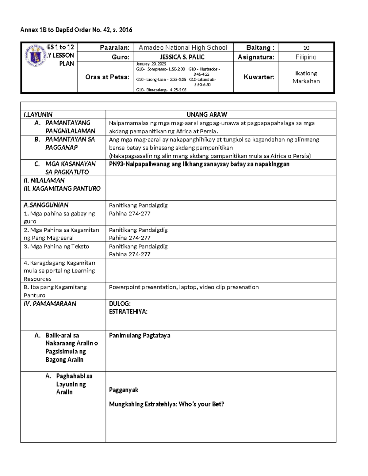 FIL103RD-PN93 - Daily Lesson Plan for G10 Filipino (3rd Quarter) - Studocu