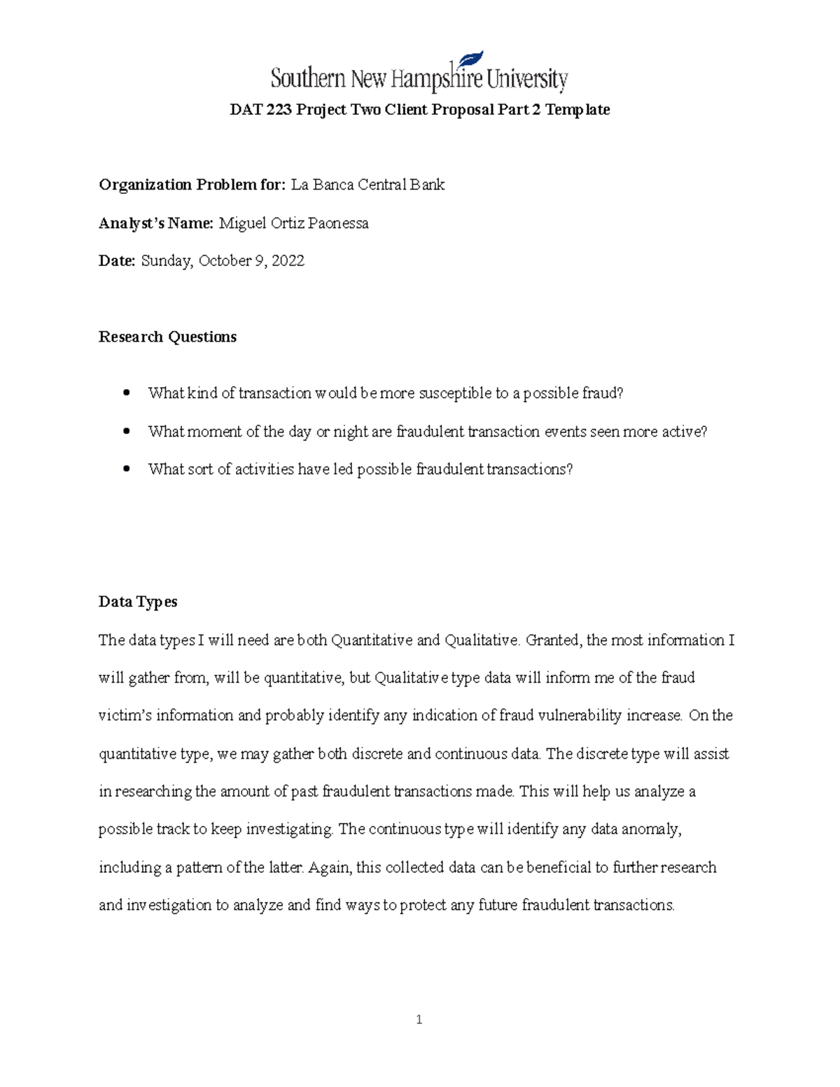 DAT 223 Project Two Client Proposal Template for La Banca Fraud ...