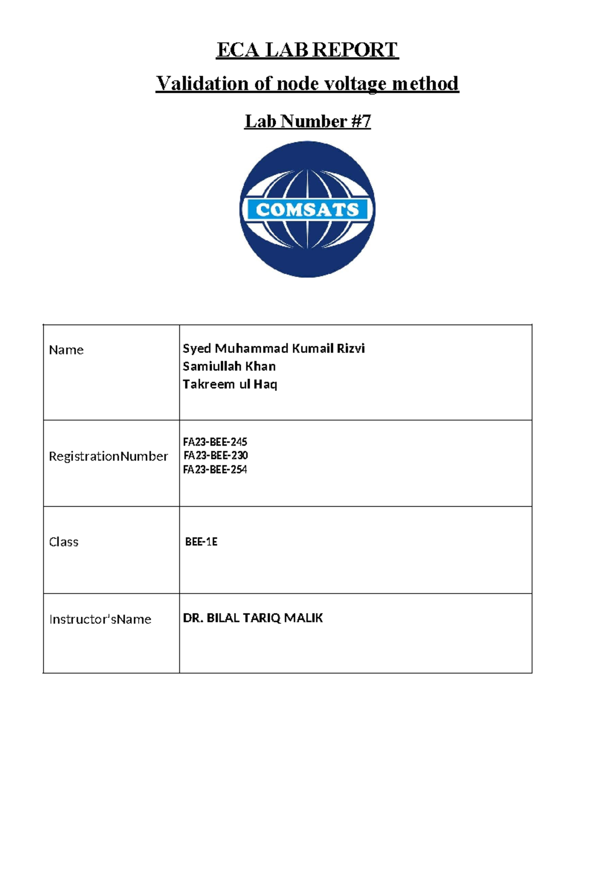 ECA LAB Report (NO 7) - ECA LAB REPORT Validation of node voltage ...