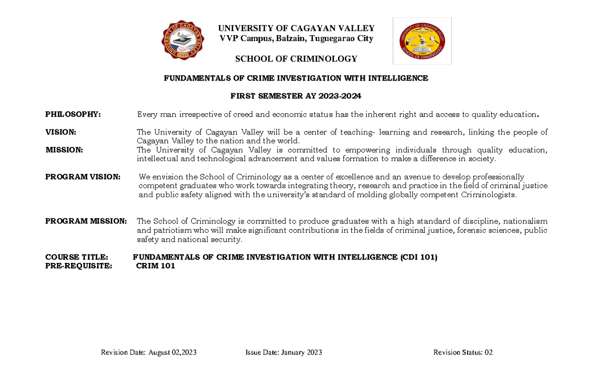 Fundamentals of Crime Investigation Syllabus (CDI 101) - AY 2023-2024 - Studocu