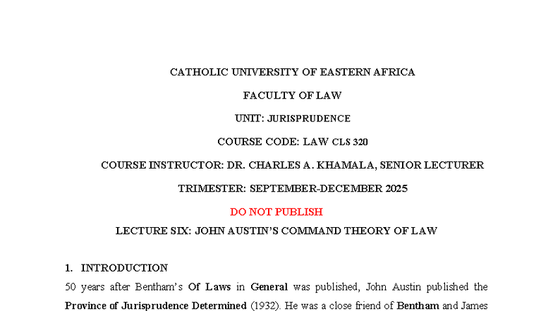 JURISPRUDENCE LECTURE SIX: JOHN AUSTIN'S COMMAND THEORY OF LAW (LAW CLS ...