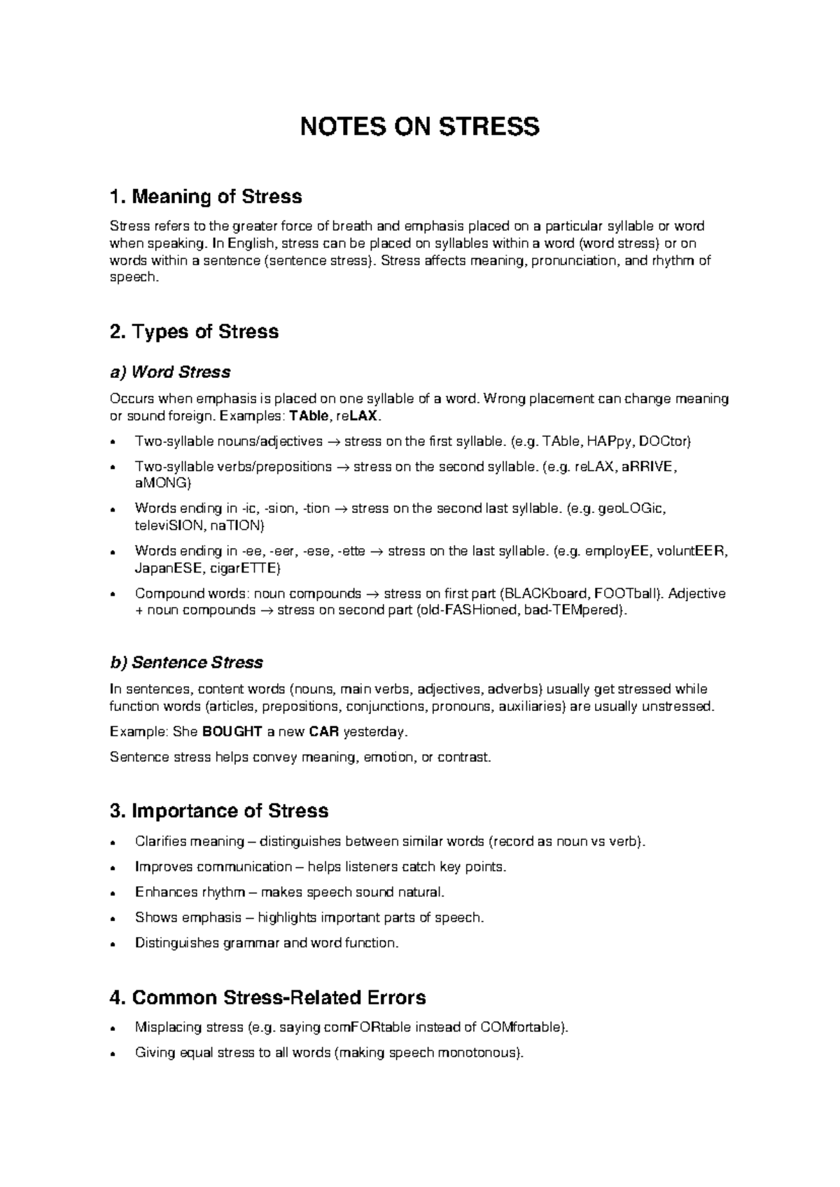 EDU 101: Notes on Stress - Understanding Word & Sentence Emphasis - Studocu