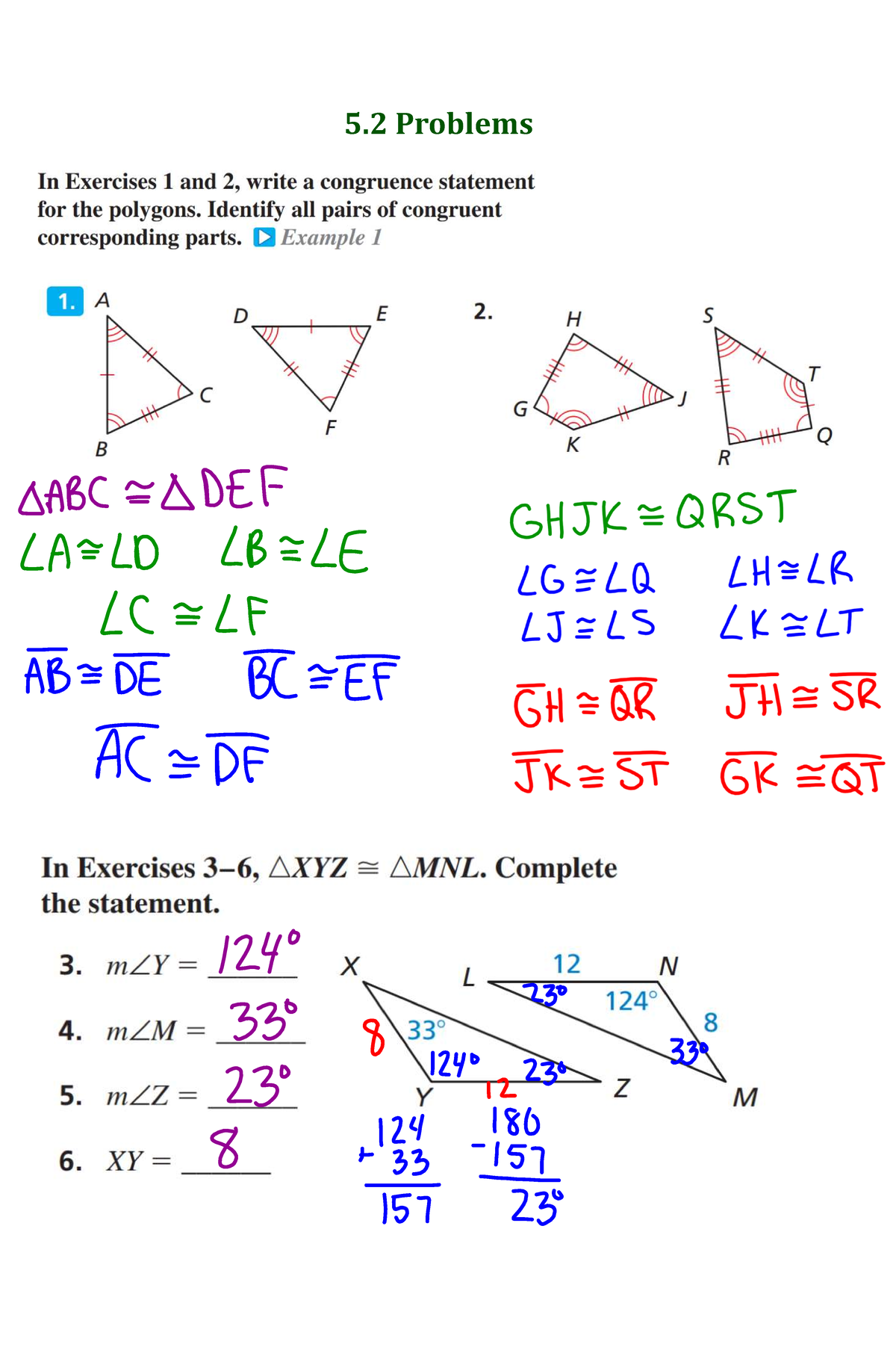 5.2 & 5.4 HW Solutions: Congruence Statements & Triangle Perimeters ...