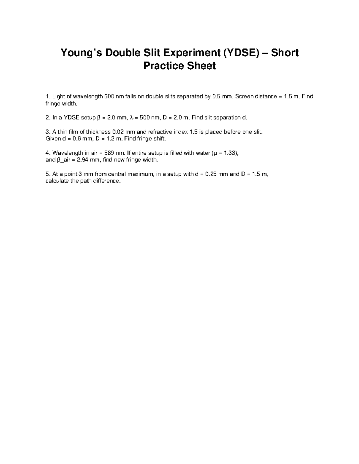 YDSE Double Slit Experiment Practice Sheet 1: Fringe Calculations - Studocu