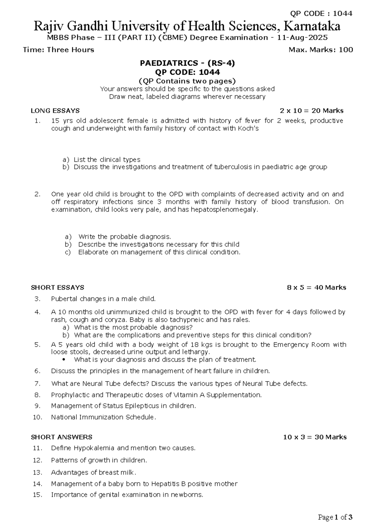 MBBS 1044 - Pediatrics - Final Exam Question Paper (July 2025) - Studocu