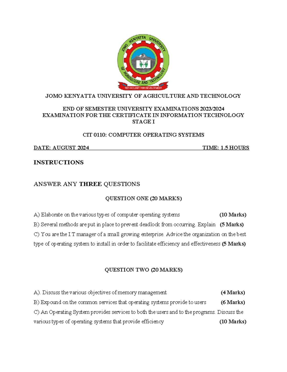 CIT 0110: End of Semester Exam on Computer Operating Systems - Studocu