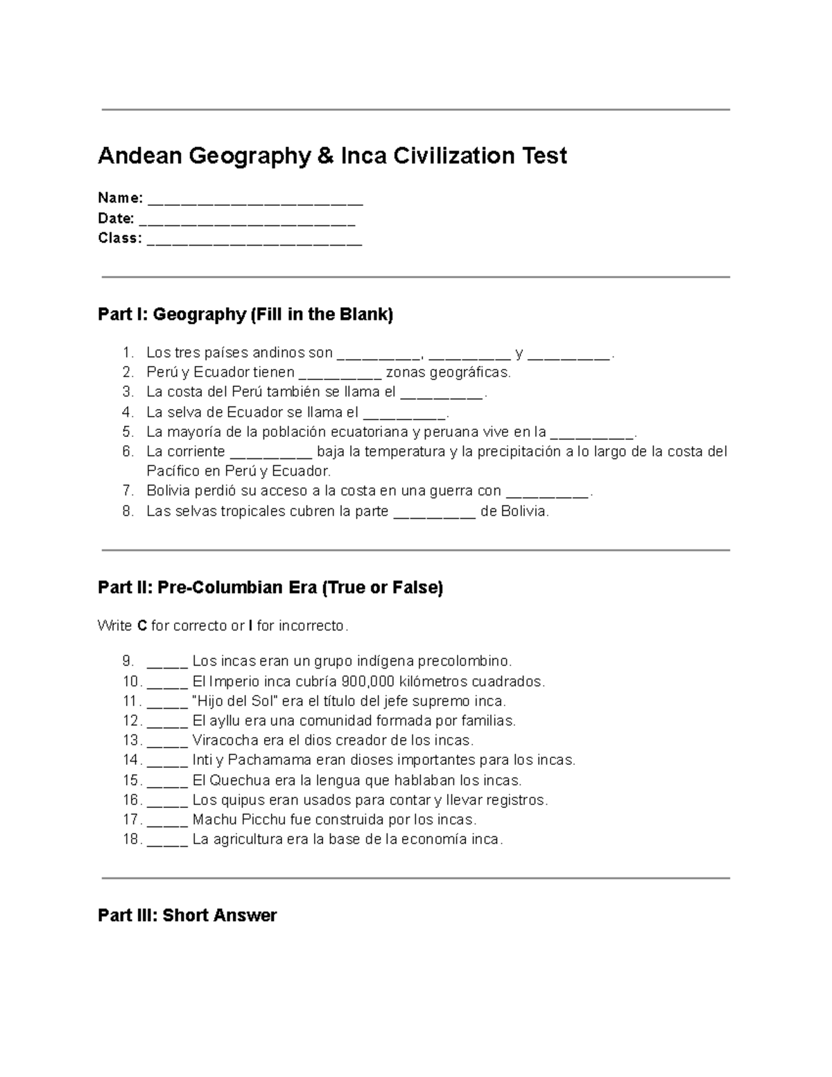 Andean Geography & Inca Civilization Test (Final Exam) - Studocu