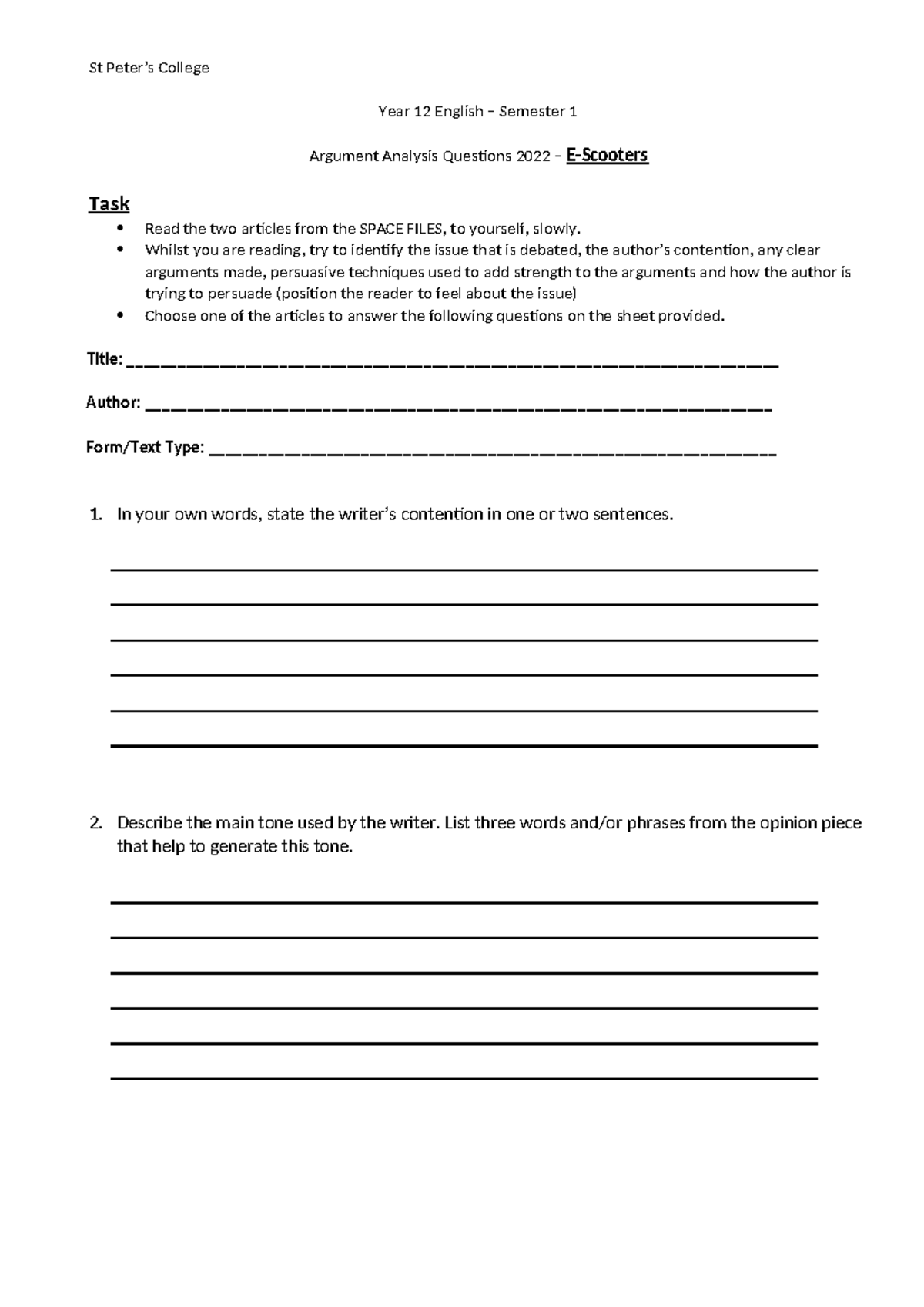 Year 12 English Semester 1 Argument Analysis Response Sheets - Studocu