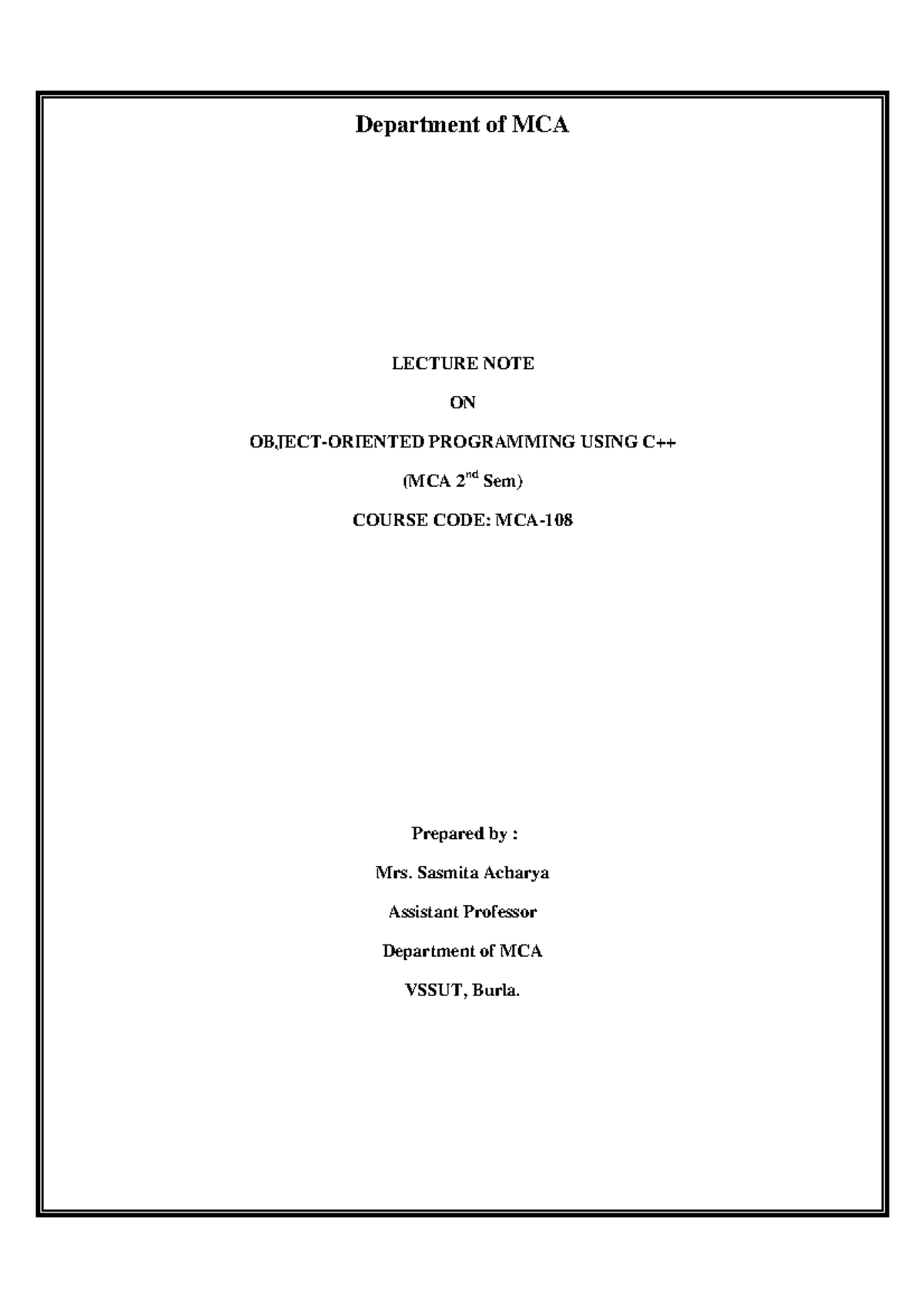 MCA 2nd Sem LECTURE NOTES ON OBJECT ORIENTED PROGRAMMING - Studocu