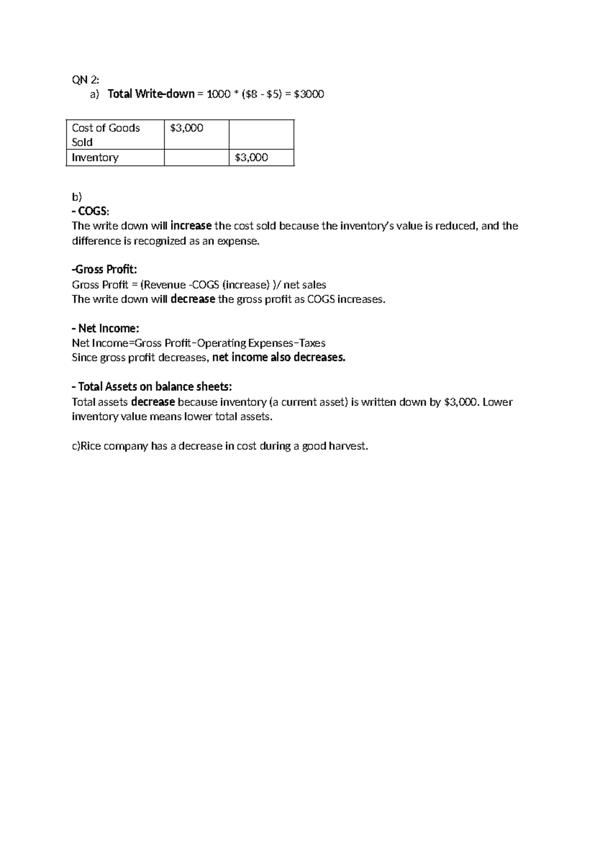 AD1102 qn 2 - TUTORIAL ANS - QN 2: a) Total Write-down = 1000 * ($8 ...