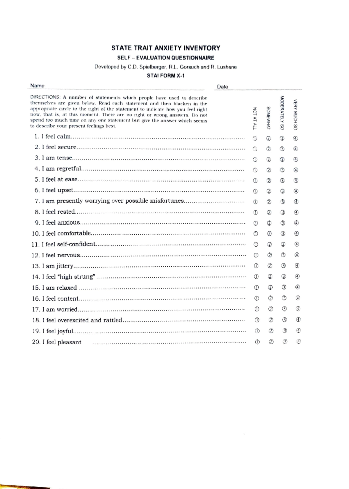 State trait anxiety inventory - STATE TRAIT ANXIETY INVENTORY SELF ...