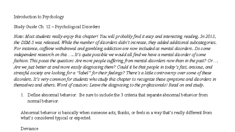 Chapter 12 Study Guide: Psychological Disorders Overview - Studocu