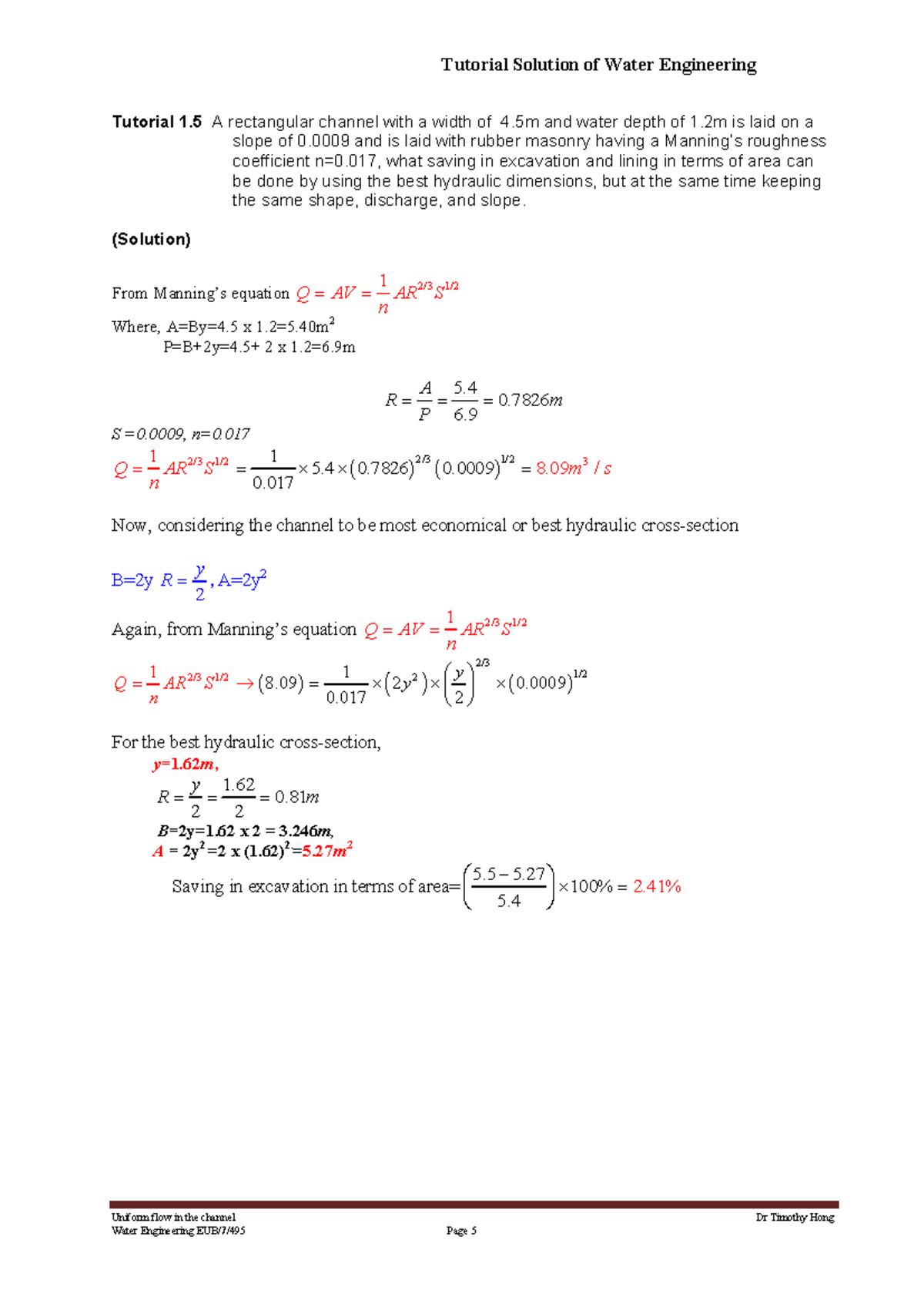Tutorial Solution Chapter 1 Week 2 - Tutorial Solution of Water Engineering Tutorial 1 A ...