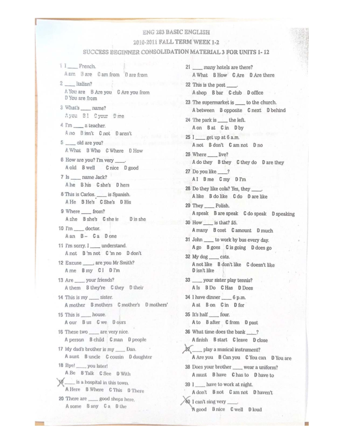 ENG 283 Basic English - Fall Term Consolidation Material for Units 11 ...