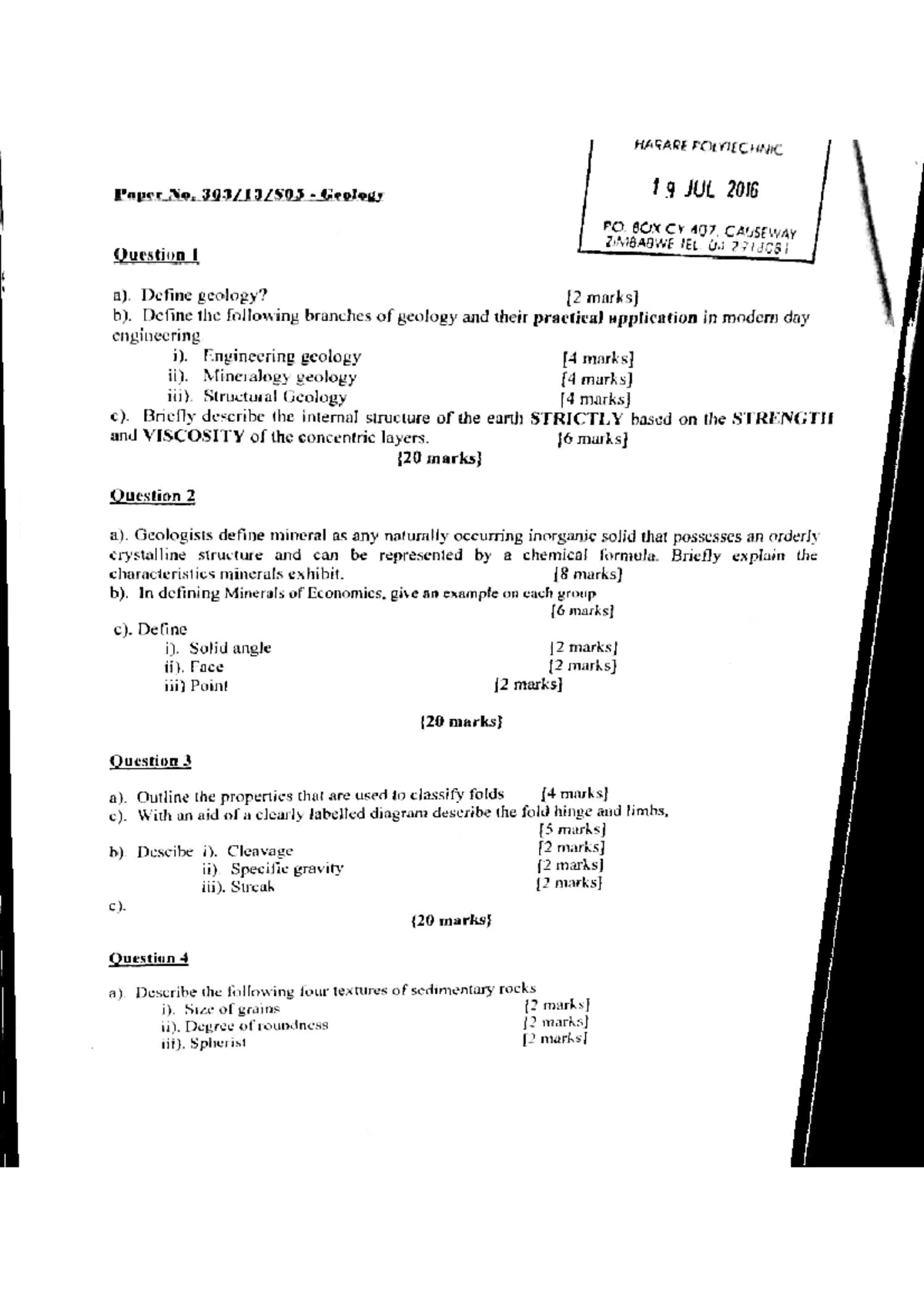 Geology 19: Term 1 & 2 Test Exam Questions (JUL 2016) - Studocu