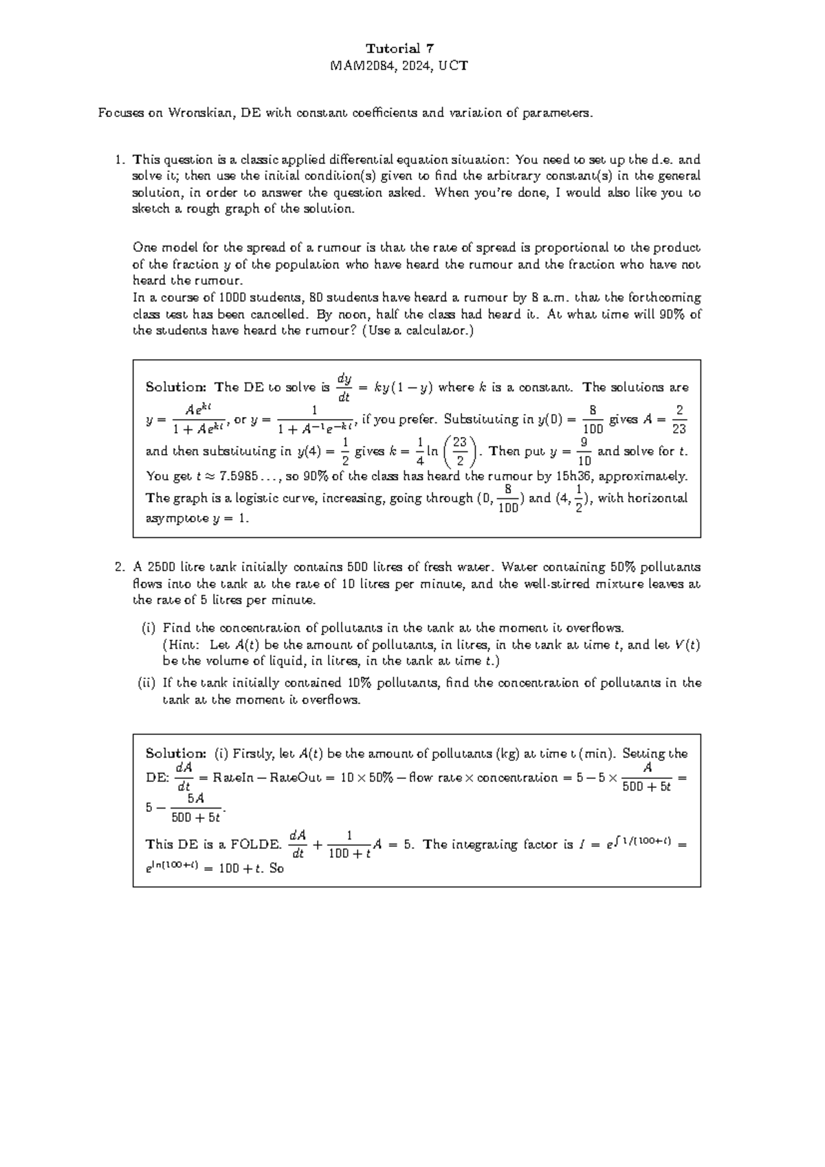 Tutorial 7 Memo MAM2084: Wronskian & DE Solutions with Parameters - Studocu