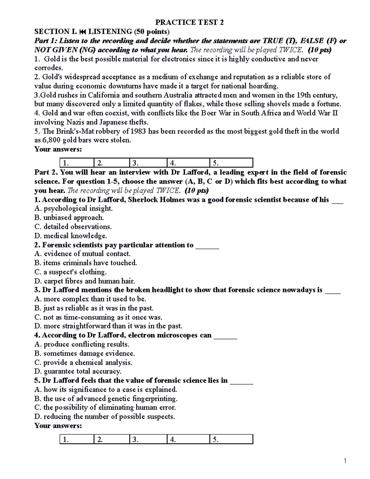 Practice Test 2: Listening and Reading Comprehension Exercises - Studocu