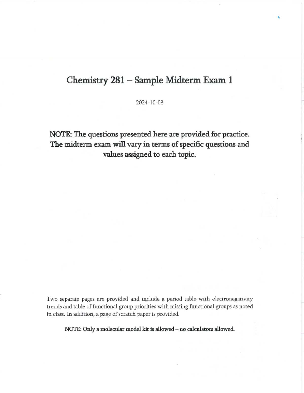 Midterm 1 KEY-Fall 2024 Final-Oct14-2024 - Chemistry 281 Sample Midterm ...
