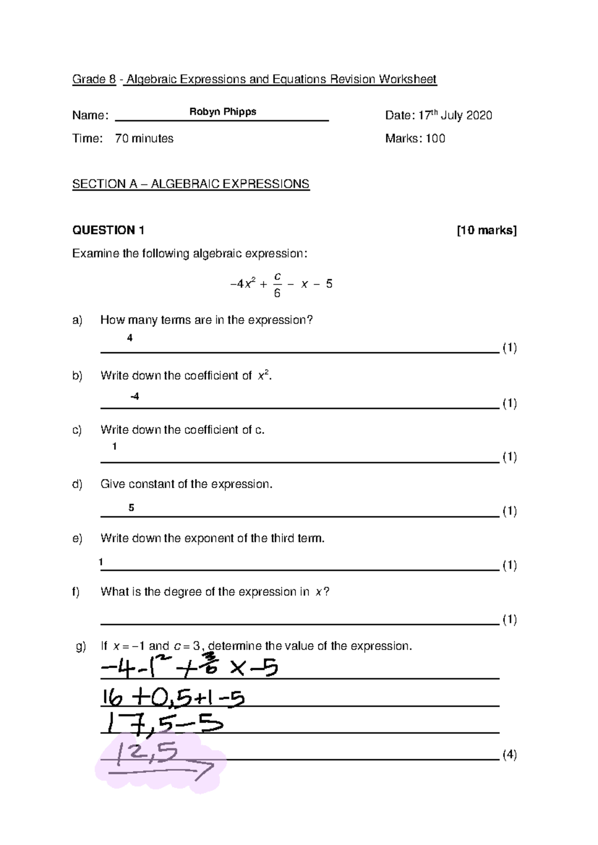 Grade 8 Algebra: Expressions & Equations Revision Worksheet - 17 July ...