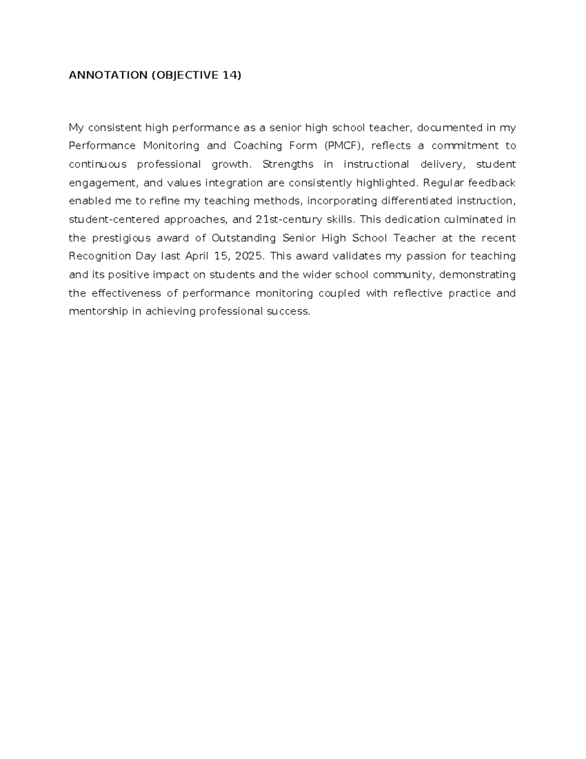 Objective 14: Reflection on Teaching Performance and Growth - Studocu