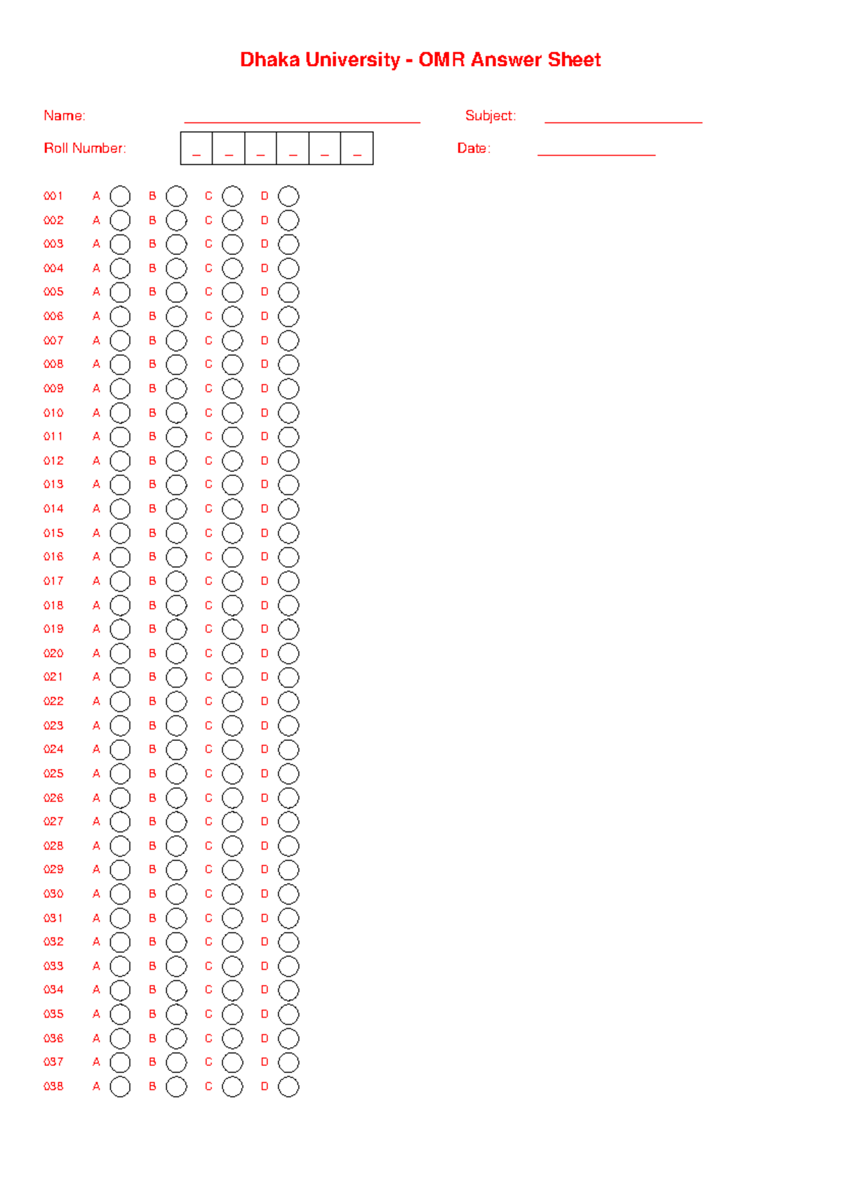 Dhaka University OMR Answer Sheet Template for Exams - Studocu