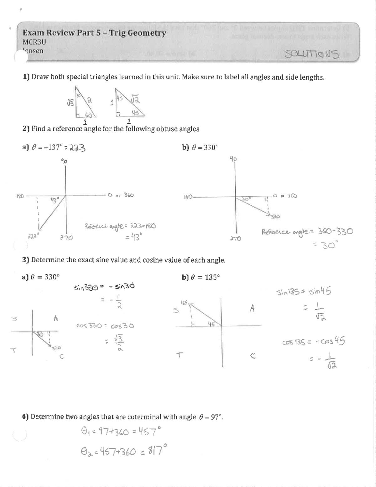 Unit 4 Review KEY - MCR3U Trig Geometry Exam Solutions - Studocu