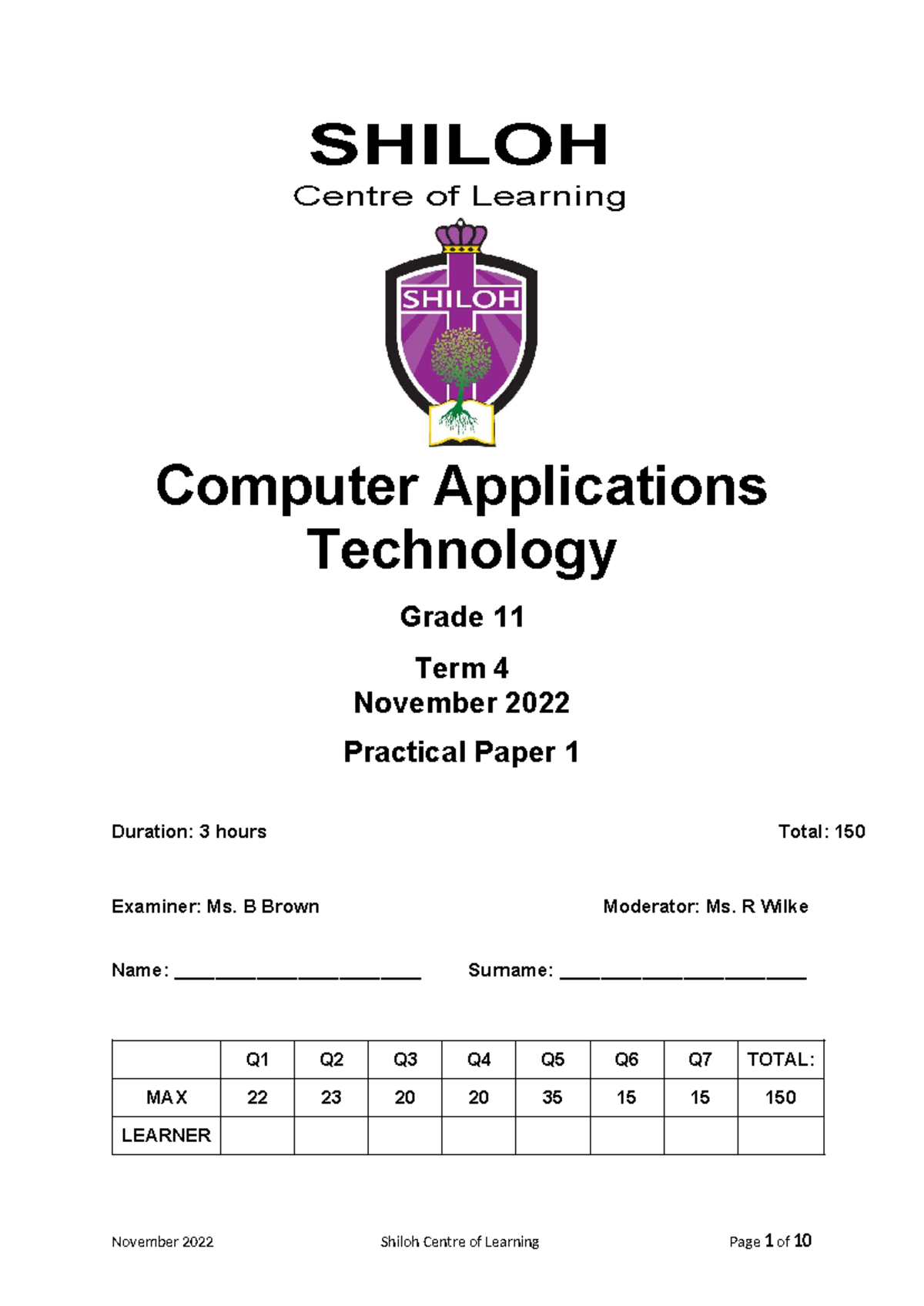 Grade 11 Computer Applications Technology Term 4 Practical Memo - Studocu
