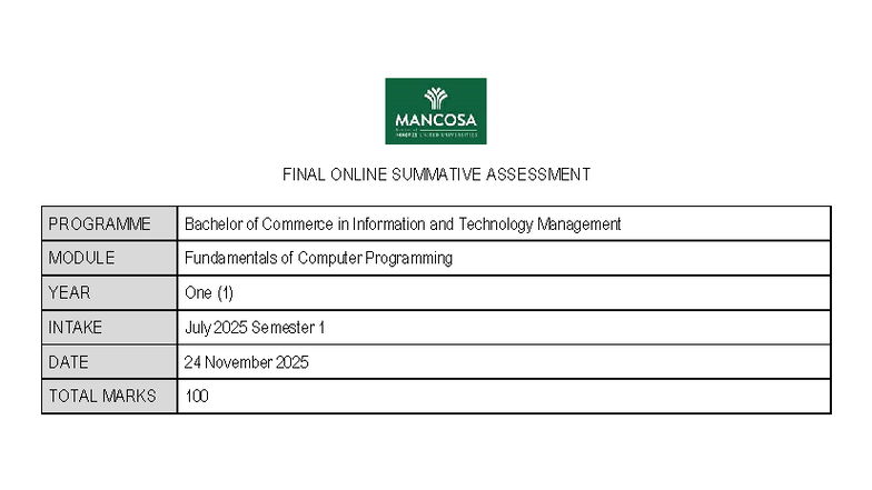 Fundamentals of Computer Programming Final OSA BCom ITM Nov 2025 - Studocu