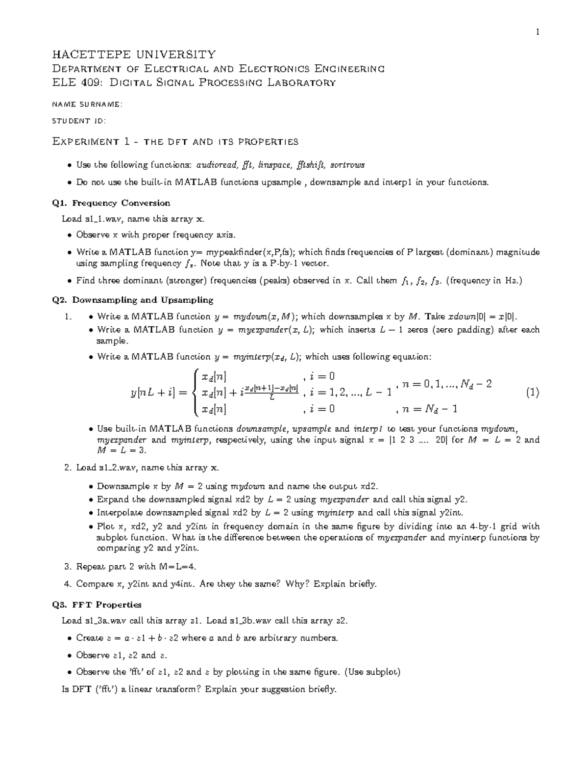 ELE 409: Exp1 - DFT Properties & MATLAB Functions in DSP Lab - Studocu