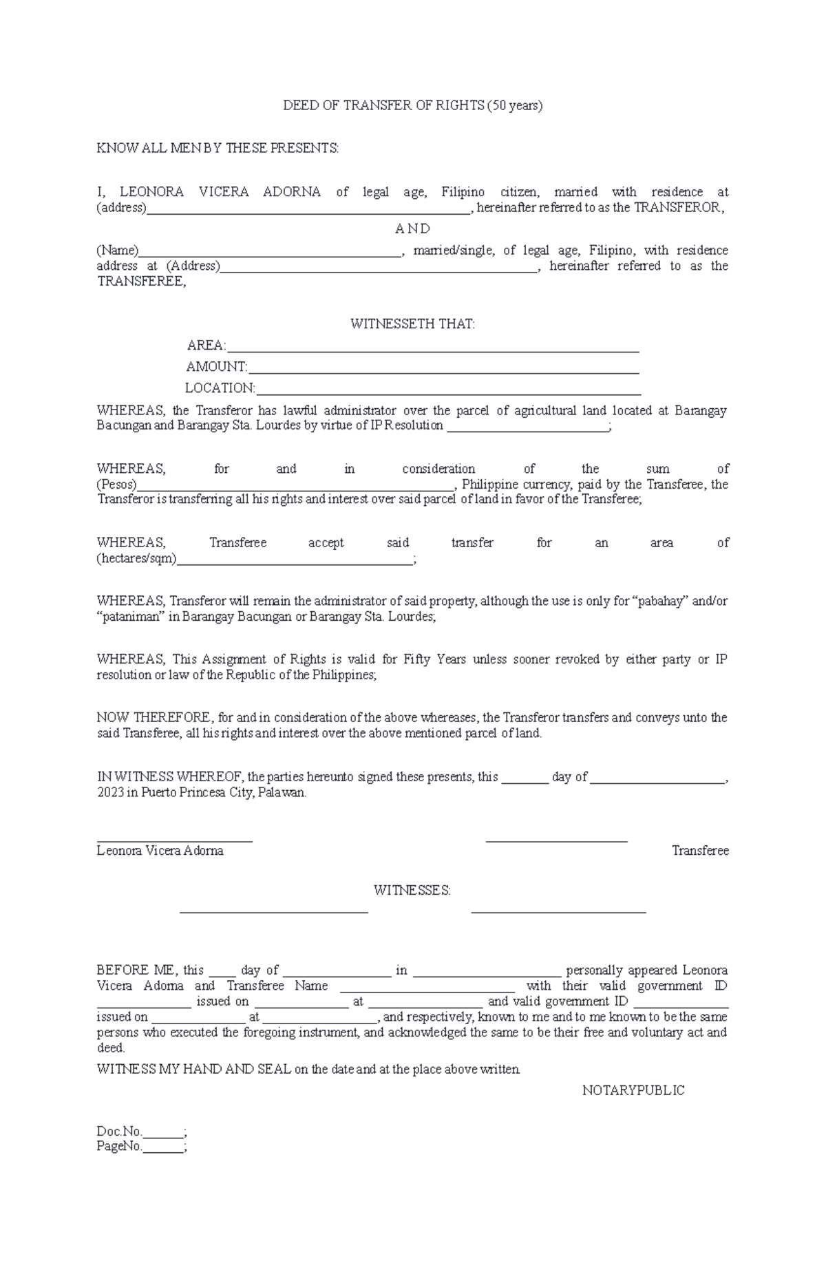 DEED OF TRANSFER OF RIGHTS (50 Years) for Agricultural Land - Studocu
