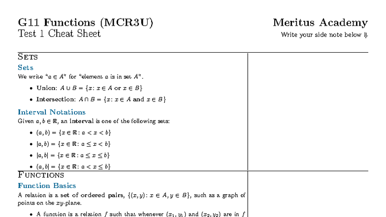 G11 Functions (MCR3U) Test 1 Cheat Sheet - Meritus Academy - Studocu