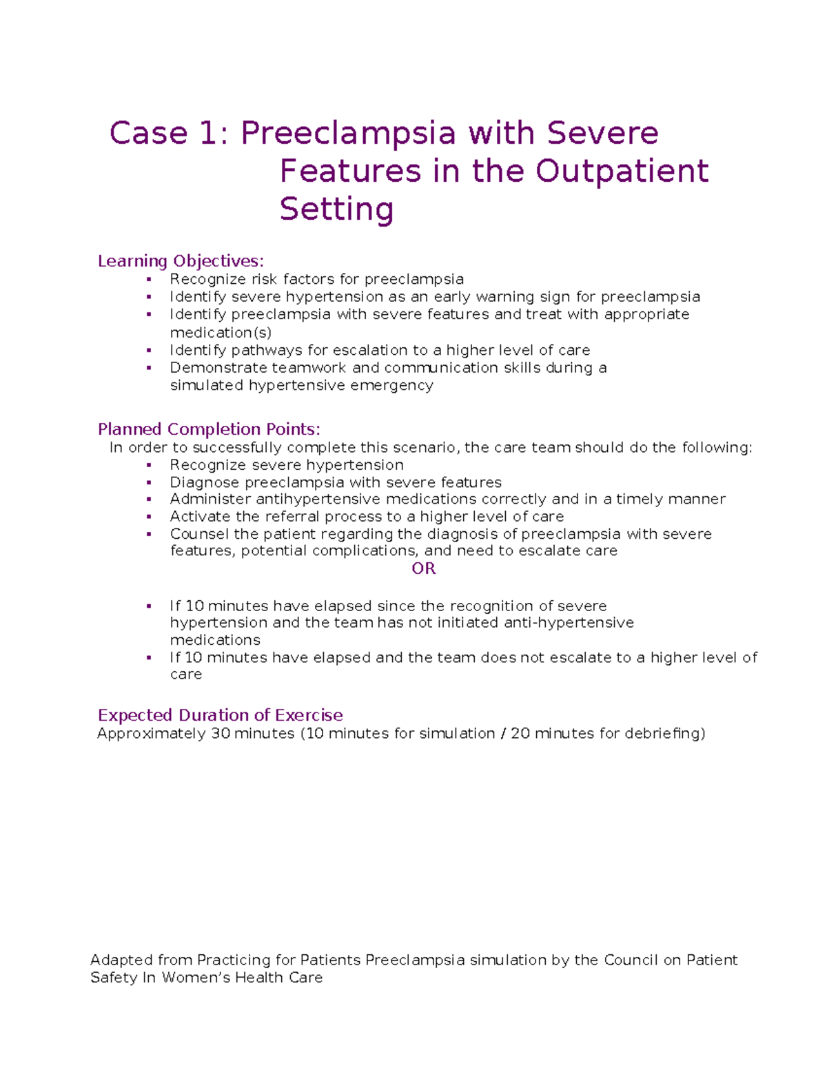 Outpatient Hypertension Simulation Case Study: Preeclampsia (S1) - Studocu