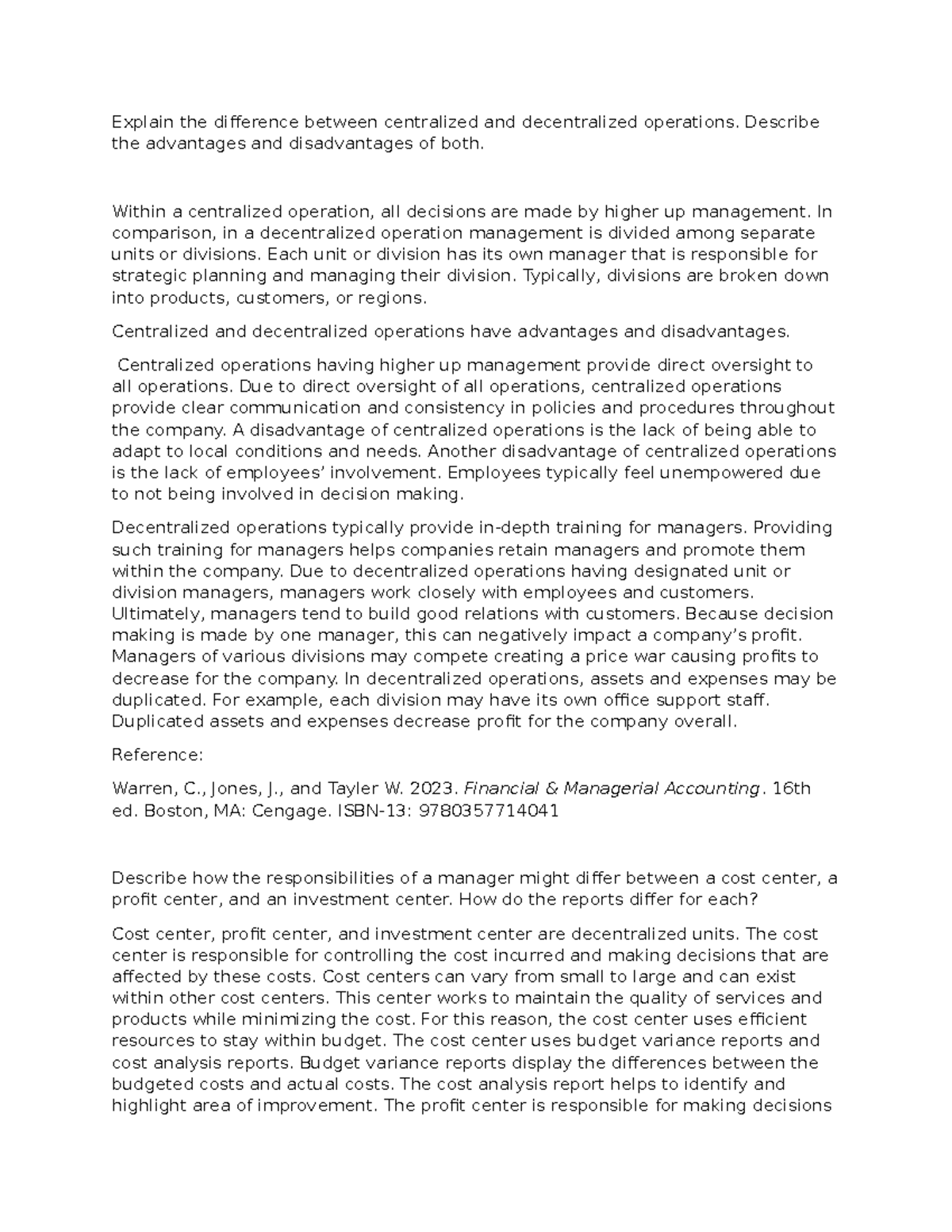 GCU Topic 7 DQ: Centralized vs. Decentralized Operations Analysis - Studocu