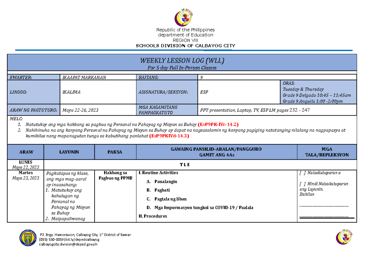 WLL ESP 9 - Weekly Lesson Log for Grade 9, 4th Quarter, Week 5 - Studocu