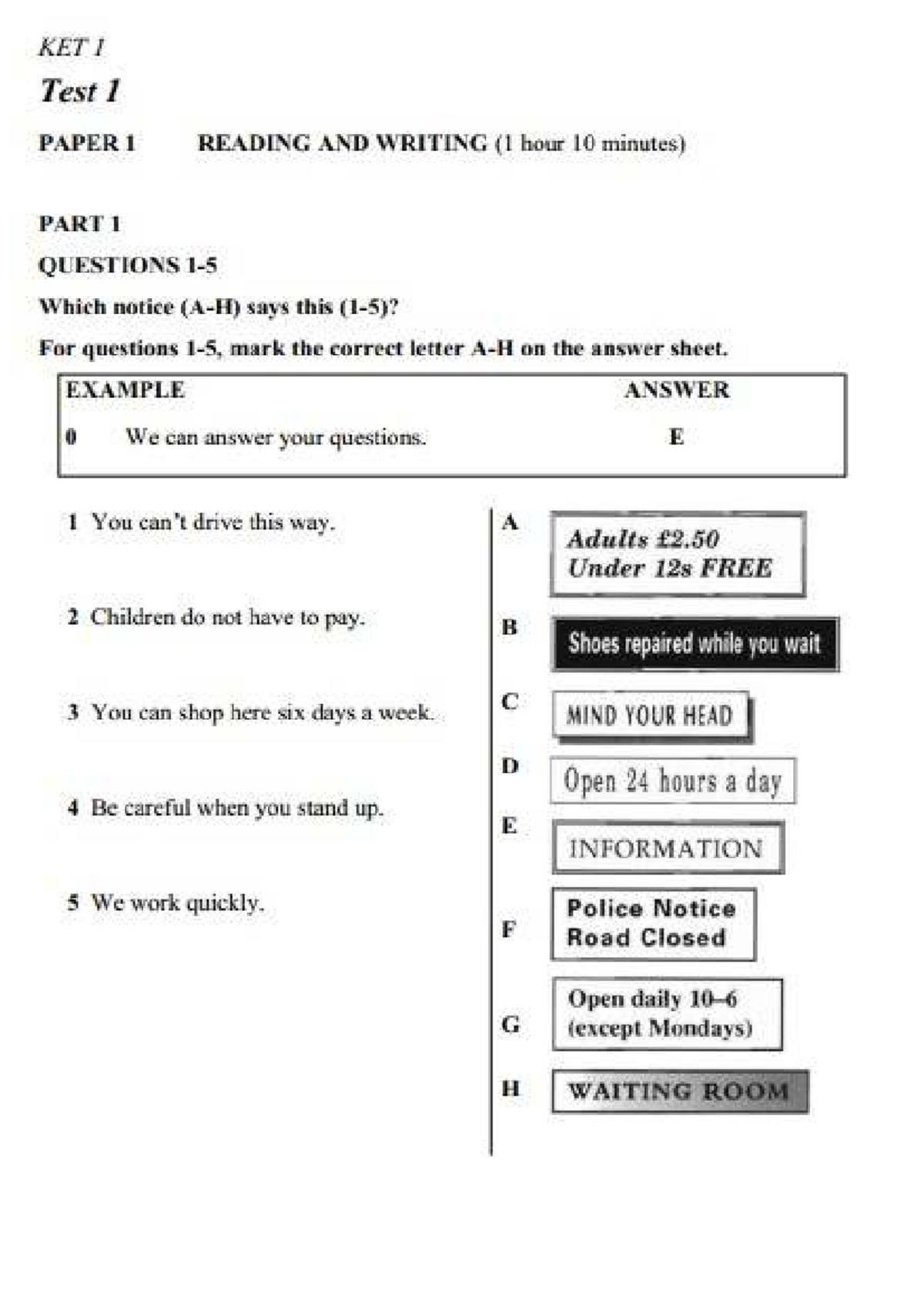 KET I Test 1 Reading & Writing Practice Questions - Studocu
