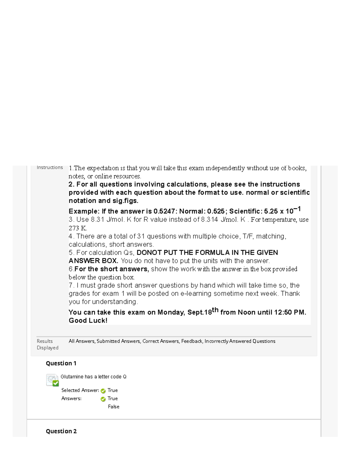 BIOL 3361.001 Biochemistry I F23 Exam 1 Review and Submission Details ...