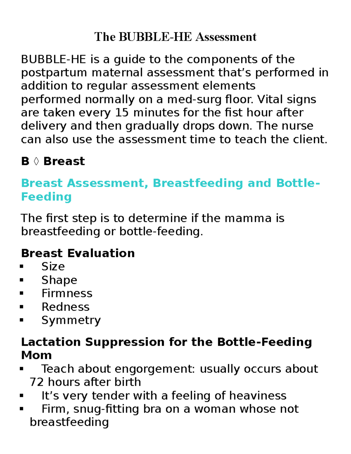 BUBBLE-HE Postpartum Maternal Assessment Guide - Studocu