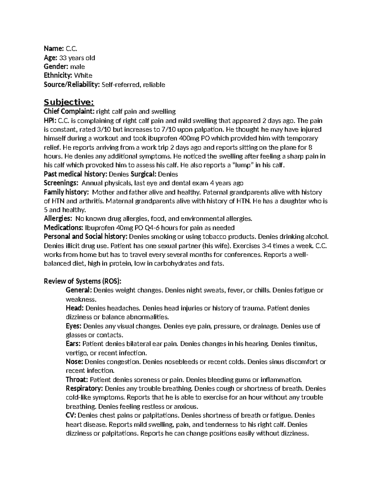DVT Evaluation and Treatment Plan - SOAP Note for C.C. - Studocu