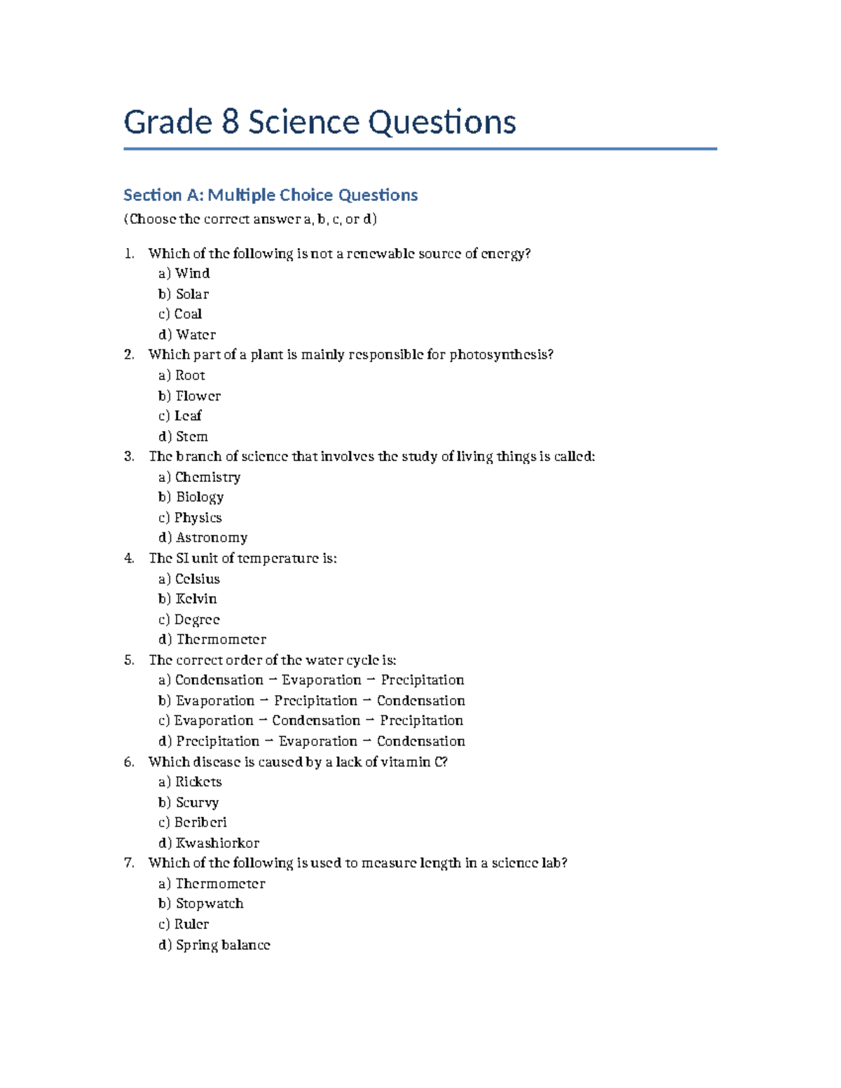 Grade 8 Science Quiz: MCQs & Structured Questions - Studocu