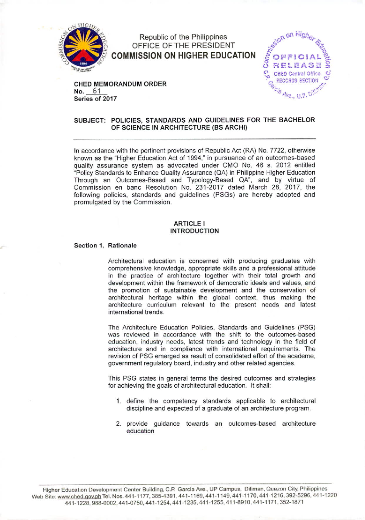 CHED CMO No. 61, s. 2017: Policies & Guidelines for BS Architecture ...