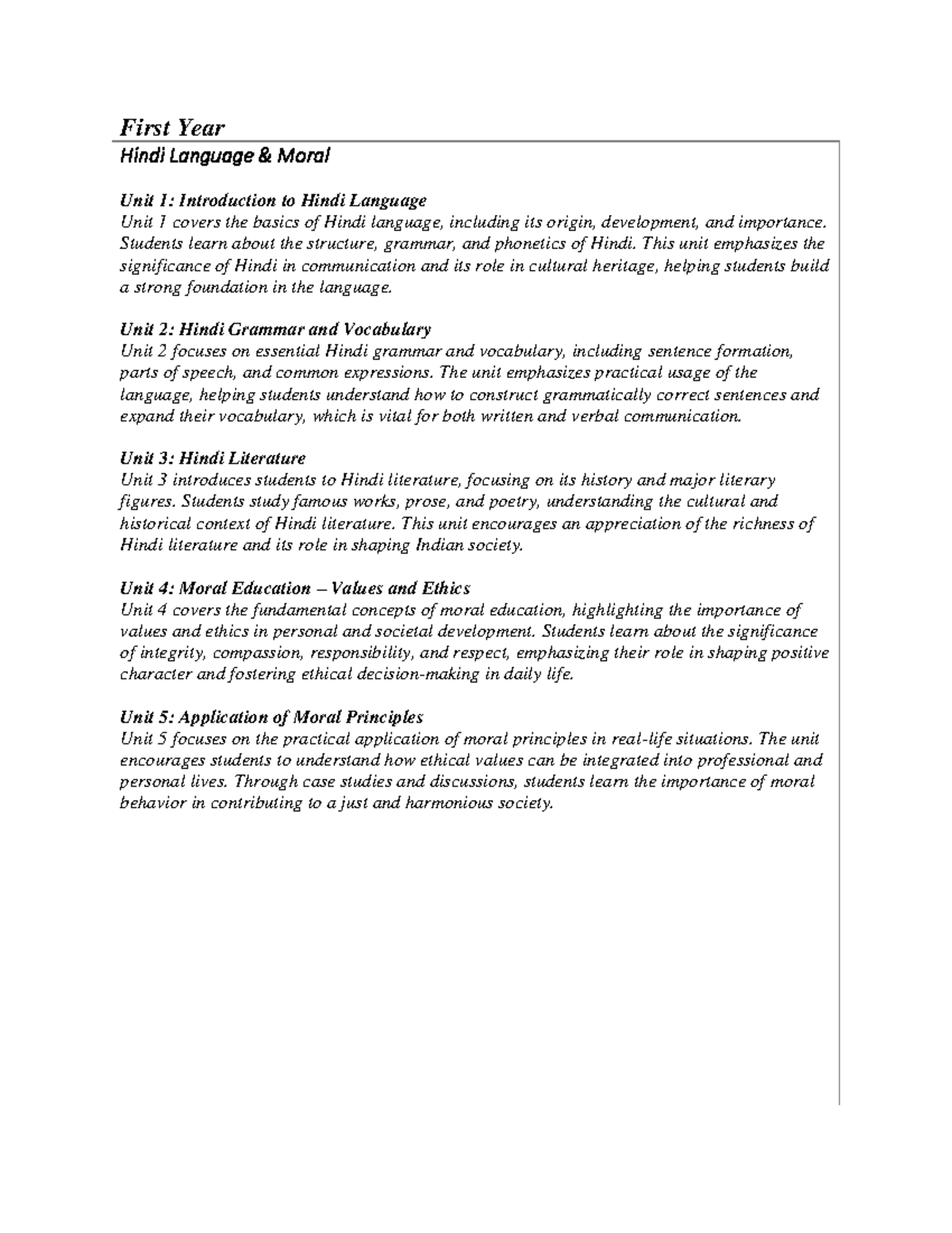 D Course Module - First Year Hindi Language & Moral Unit 1 ...