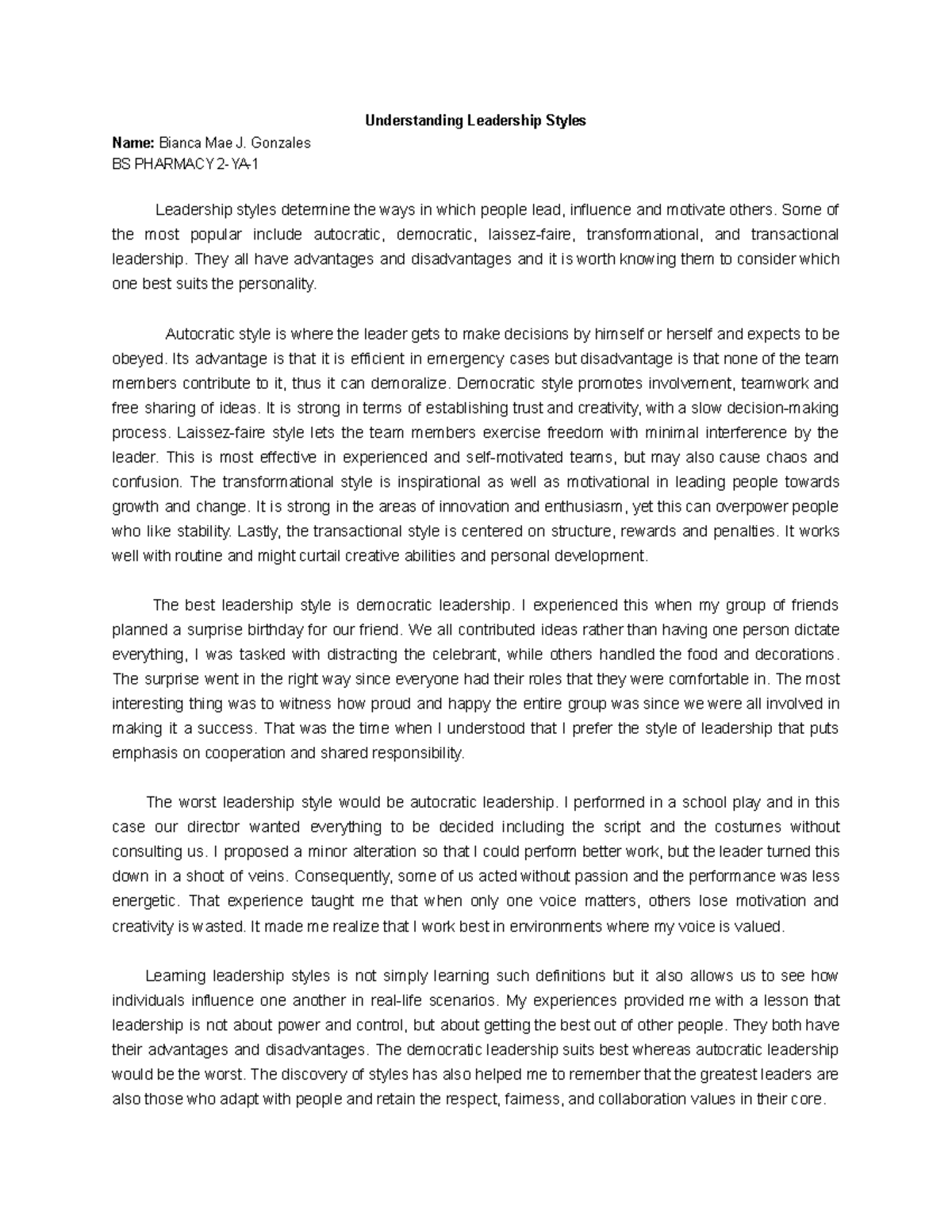 VRTS113 Activity 2 - Exploring Leadership Styles and Their Impact - Studocu