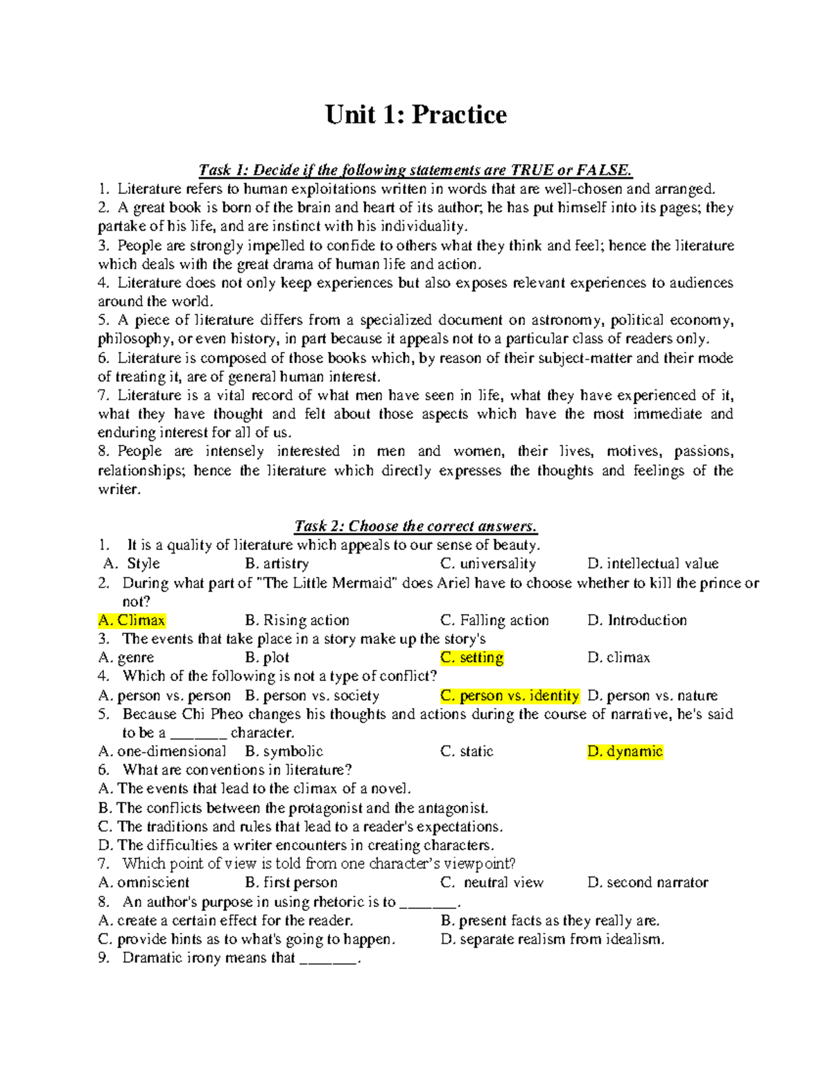 Unit 1: Literature Practice Task - True/False & Multiple Choice ...
