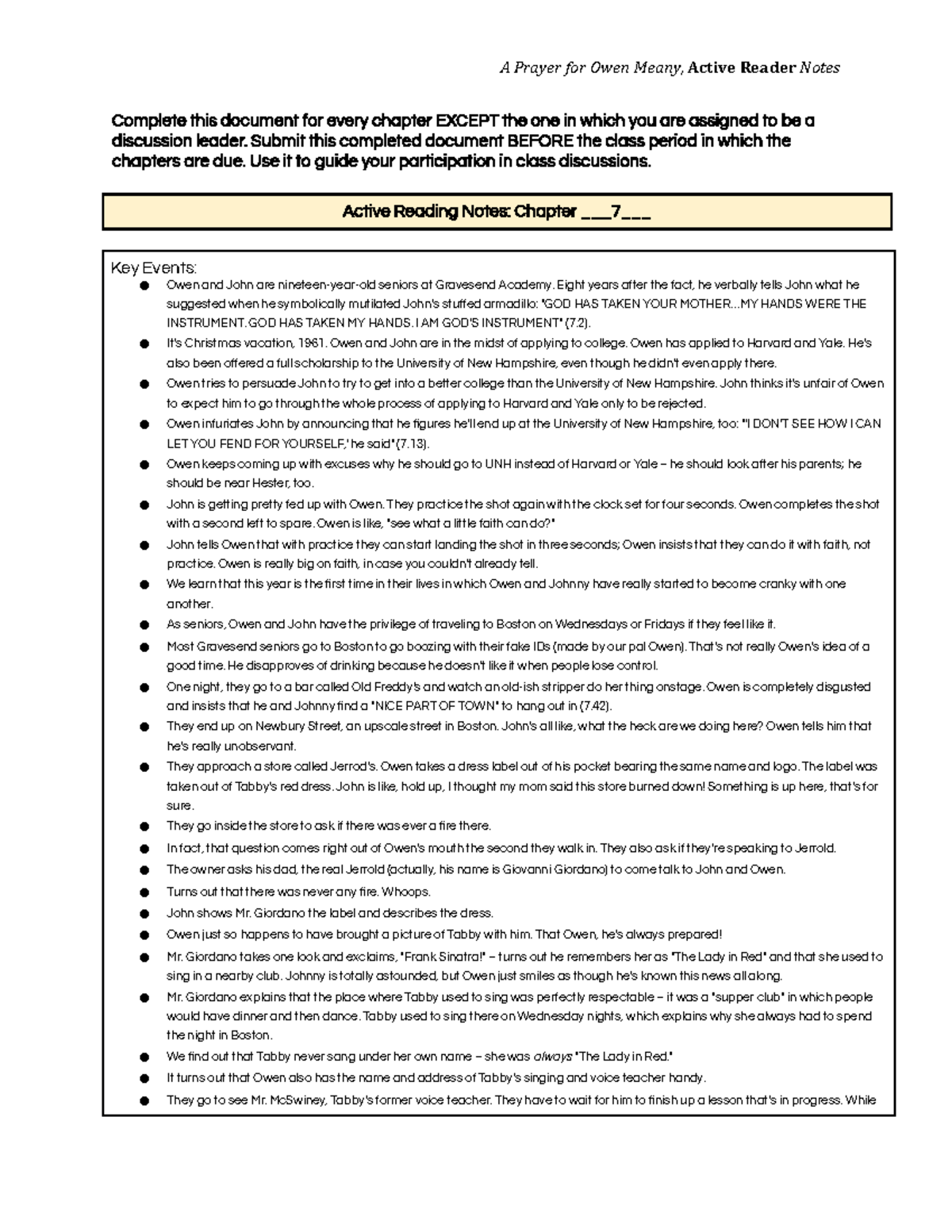 Owen Meany: Chapter 7 Active Reading & Discussion Notes - Studocu