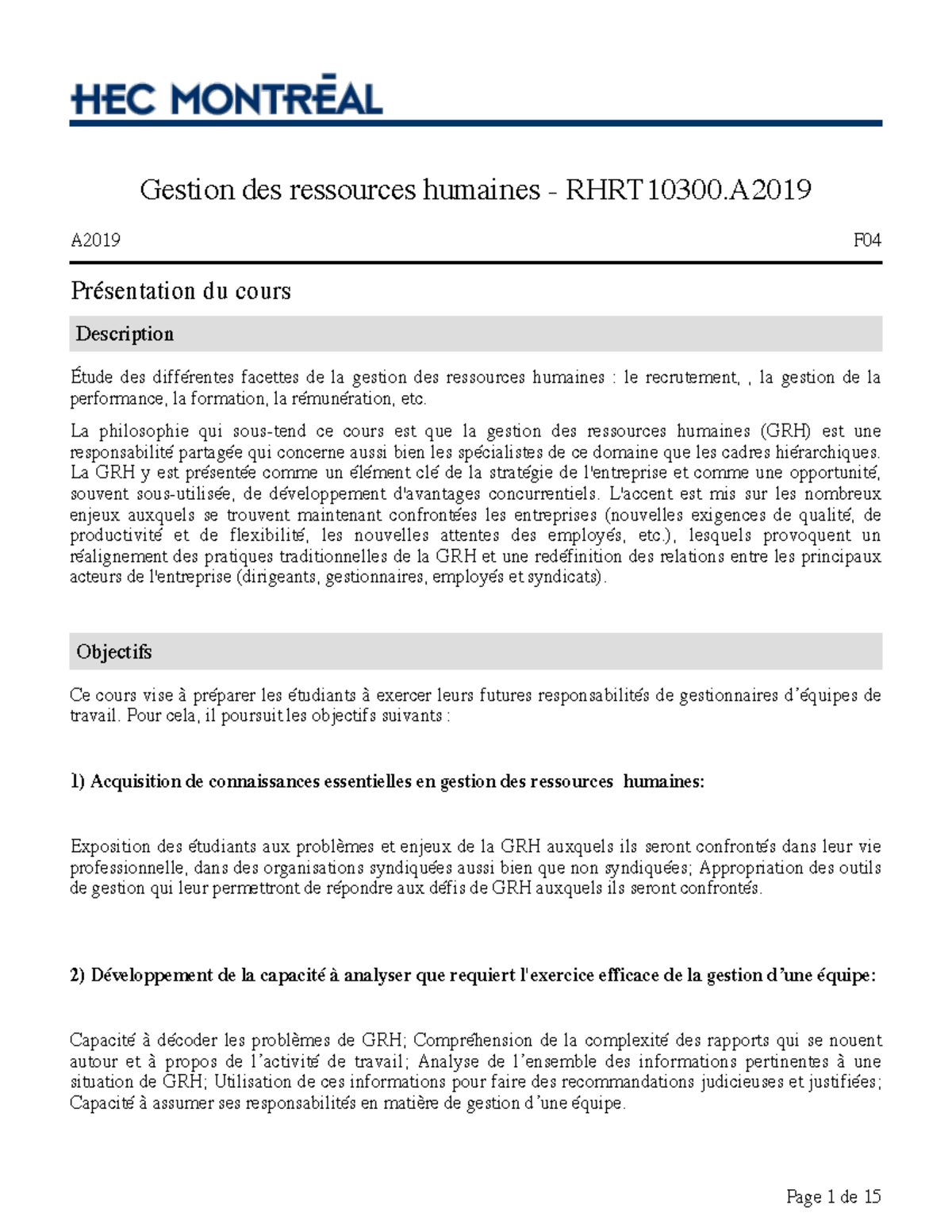 Plan de cours RHRT10300.A - Gestion des Ressources Humaines A2019 - Studocu