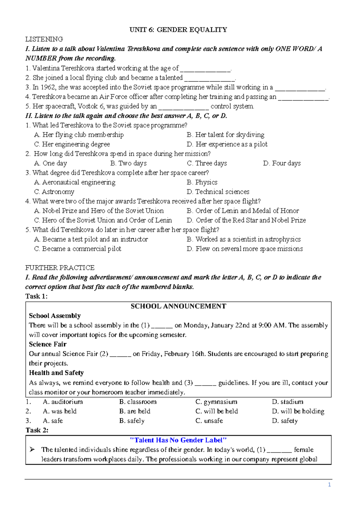 E10 - UNIT 6: Gender Equality Listening & Further Practice Activities ...