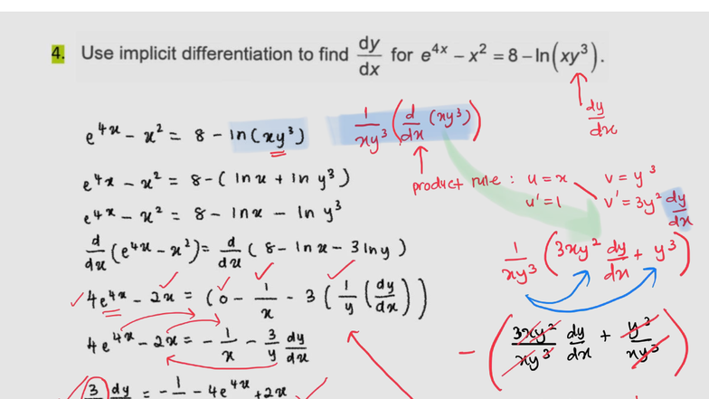 Implicit Differentiation Exercise: Finding dy/dx for e⁴x - x² = 8 - ln(xy³) - Studocu