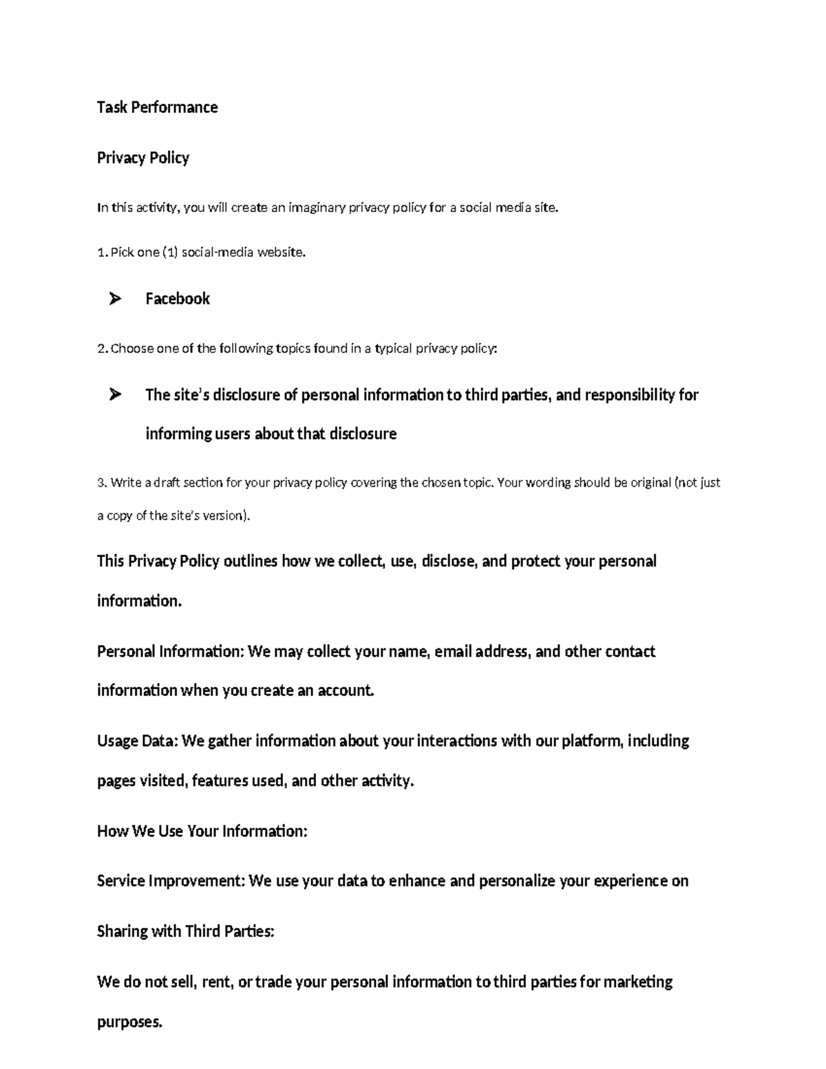 Task Performanc 1 - Task Performance Privacy Policy In this activity ...
