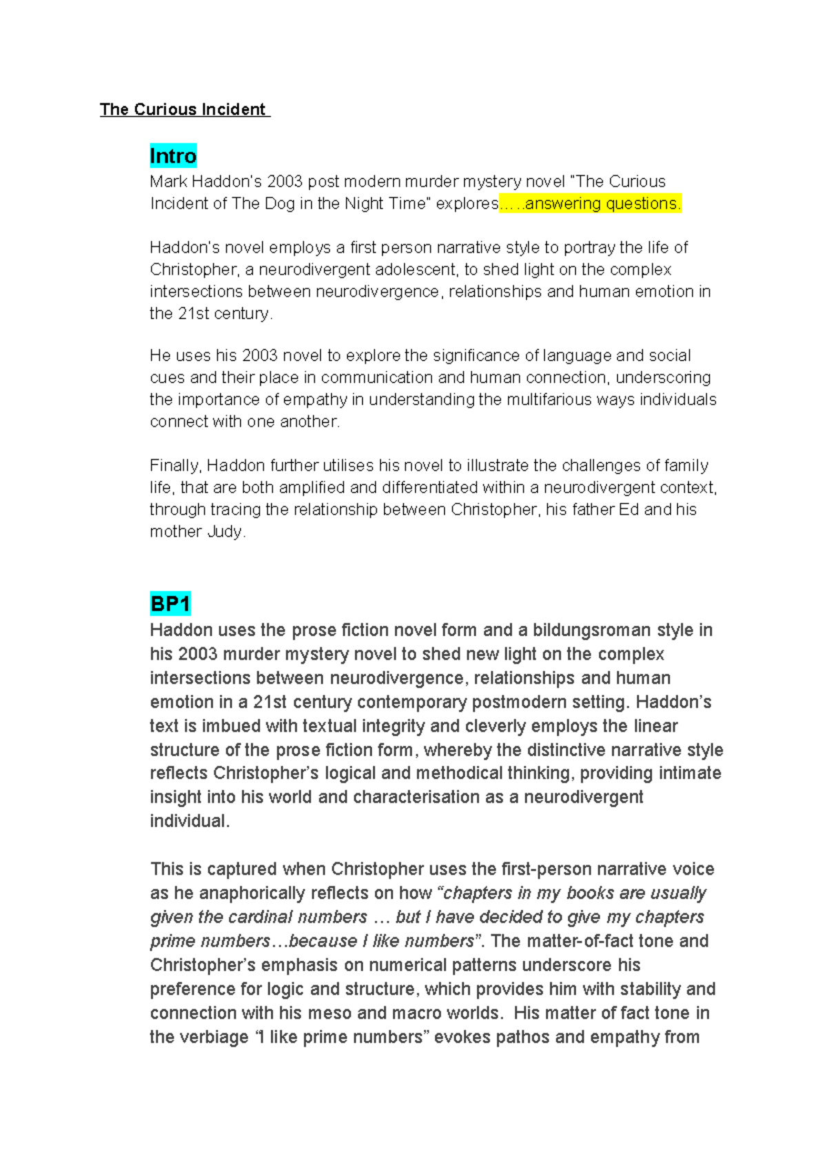 Module B: Analysis of "The Curious Incident of the Dog in the Night ...