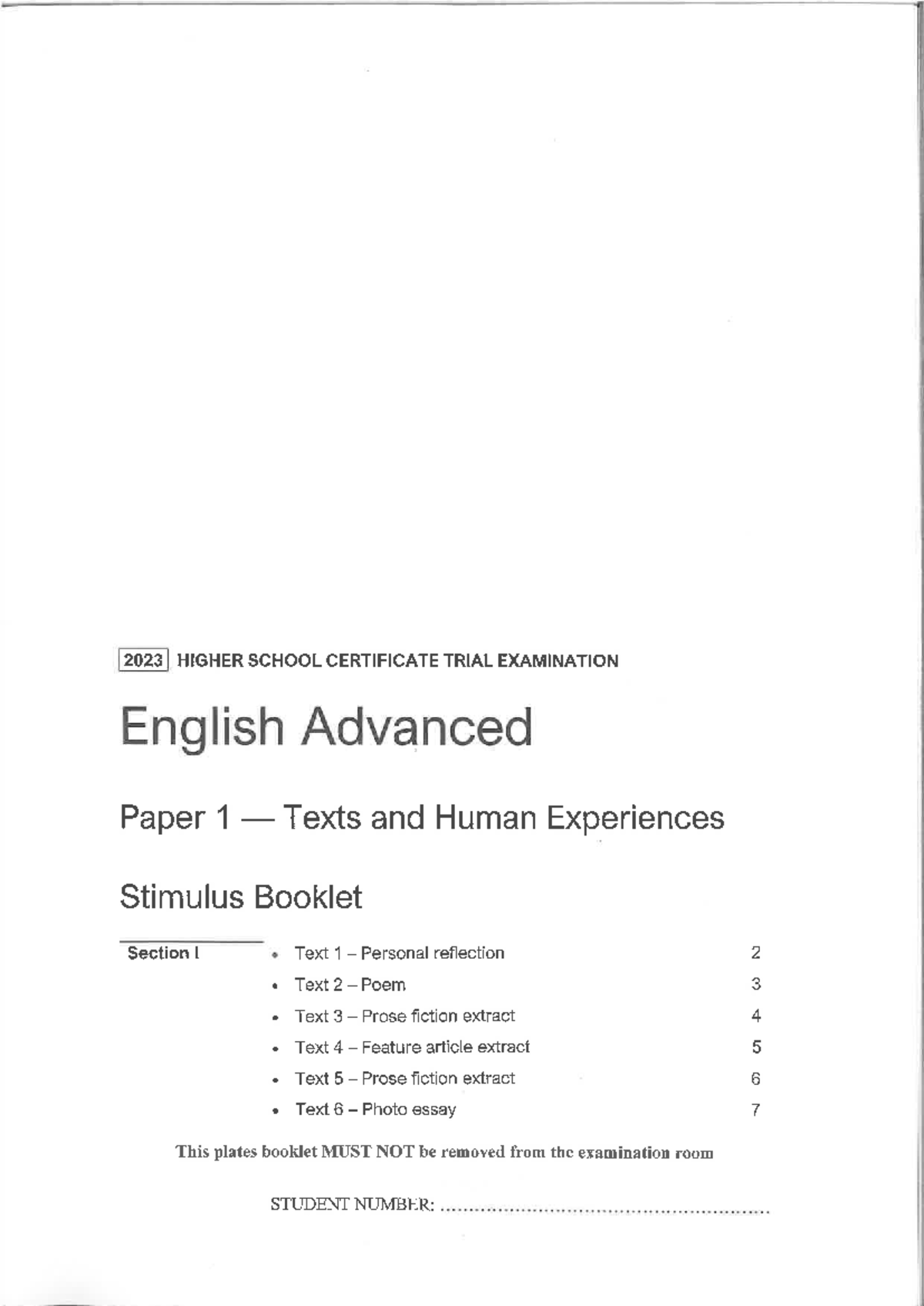 2023 HSC Trial Exam - English Advanced Paper 1: Texts & Human ...